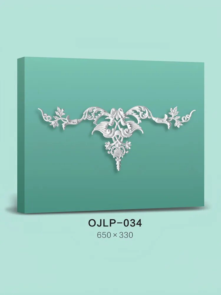 Декоративная панель из жесткого полиуретана Симметричные завитки с листьями белый OJLP-034, прочная водостойкая, для покраски на стену и потолок, размер 650x330 мм