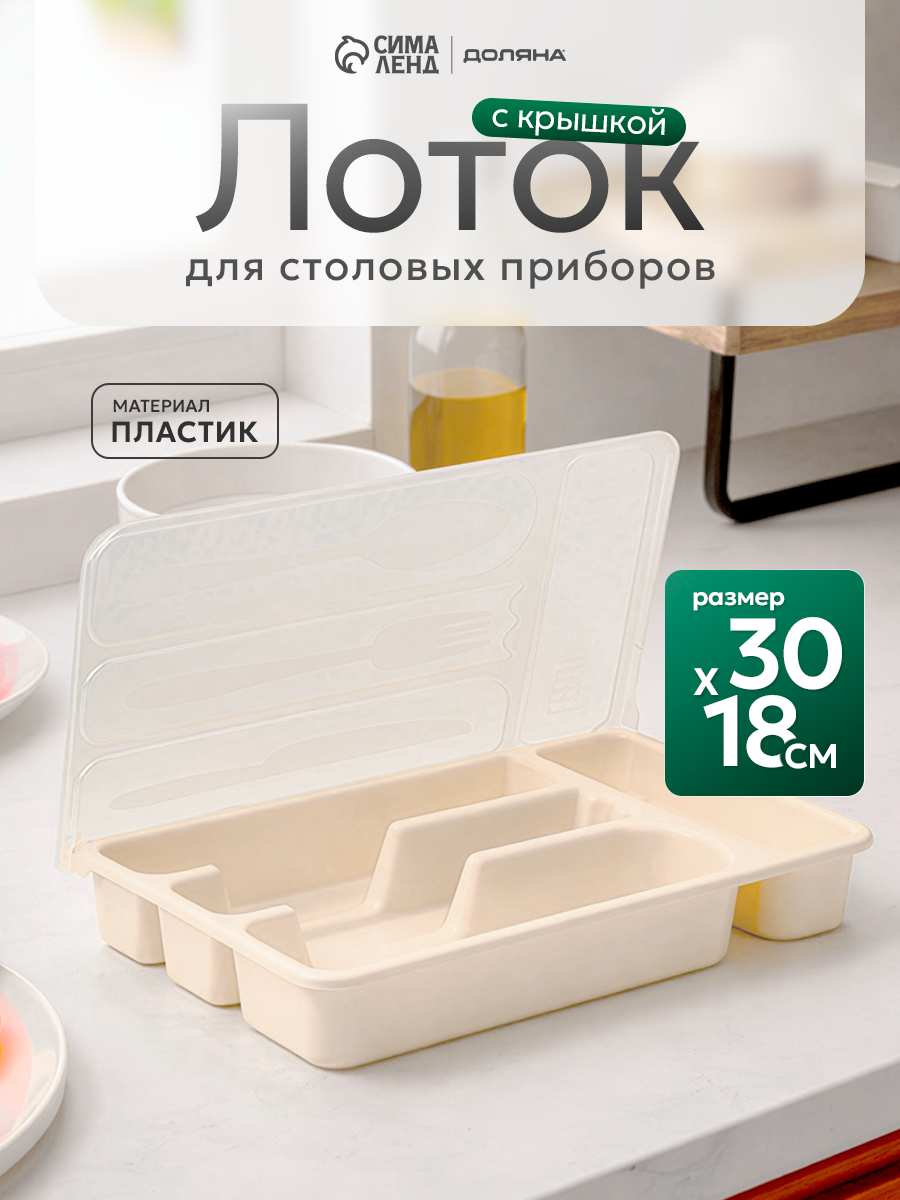 Лоток для столовых приборов с крышкой, 30×18×4,5 см, цвет микс