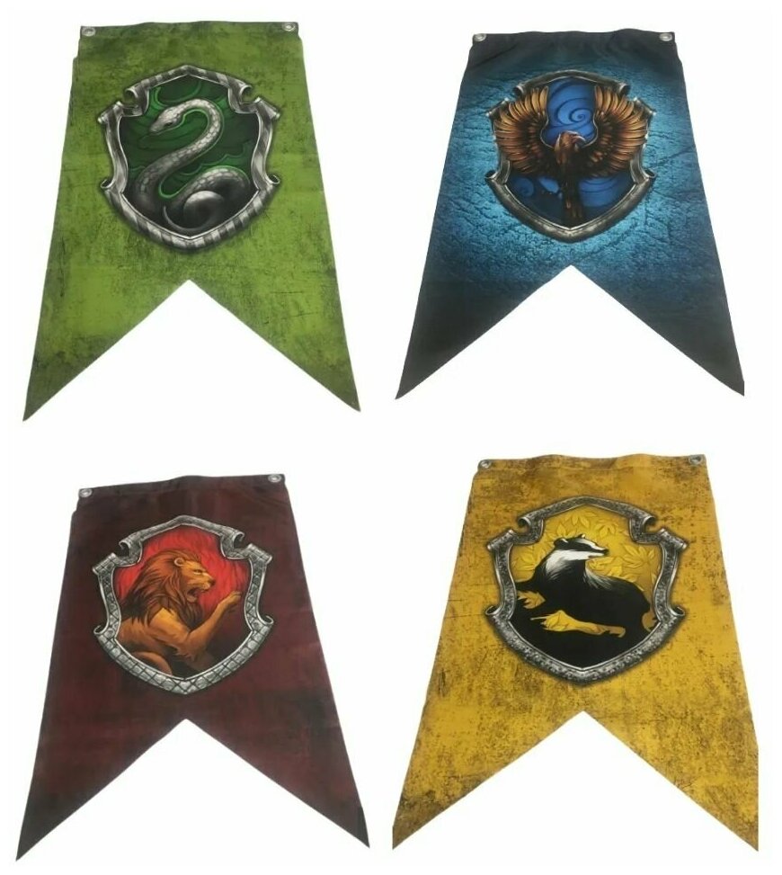 Флаги факультетов Слизерин, Когтевран, Гриффиндор, Пуффендуй из Гарри Поттера в комплекте