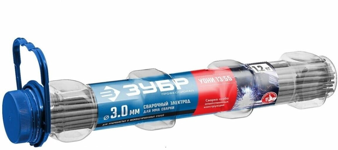 ЗУБР Д 3.0 х 350 мм, 1.2 кг в ПВХ тубе, УОНИ 13/55 с основным покрытием, электрод сварочный, Профессионал (40021-3.0)