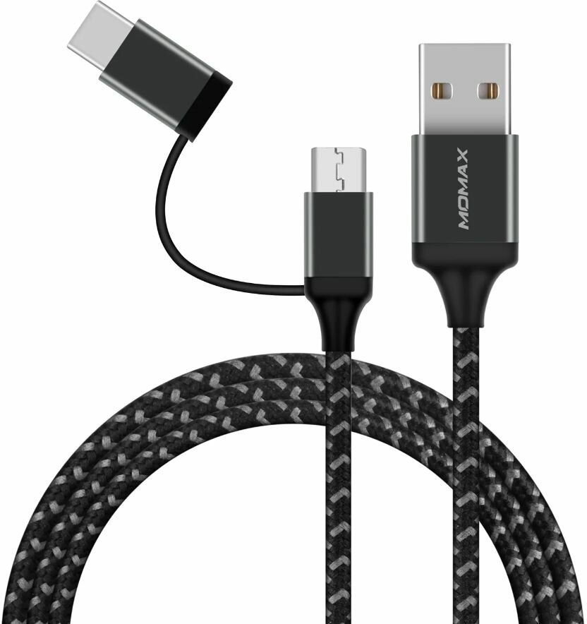 Кабель Momax Go Link 2 in 1 UBS to Type-C + MicroUSB Fast Charge 3A Cable 1m Dark Gray (DTC11AD)
