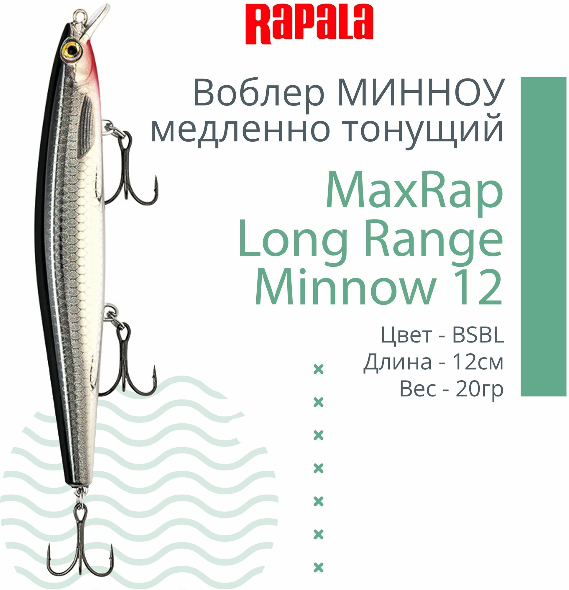 Воблер для рыбалки RAPALA MaxRap Long Range Minnow 12, 12см, 20гр, цвет BSBL, медленно тонущий