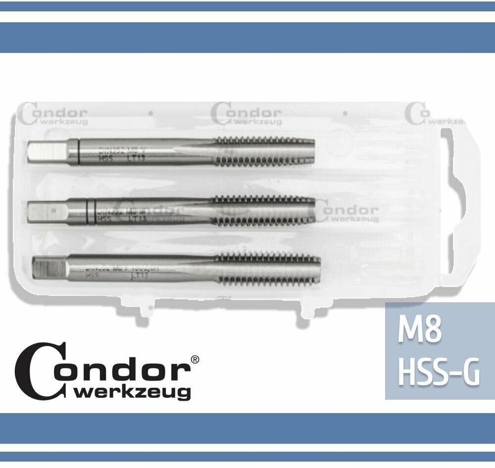 Метчики М8 ручные для нарезания резьбы по металлу HSSG DIN 352 6H набор (3 шт) для глухих и сквозных отверстий арт. 155-8 Condor Werkzeug