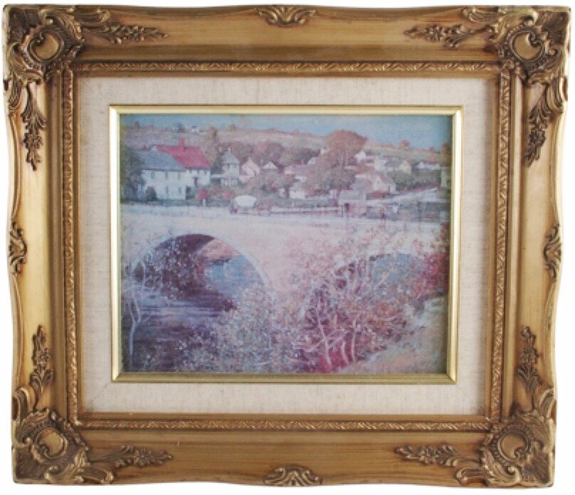 Винтажная картина "Мост в Ипсвиче" точная репродукци картины Теодора М. Венделя. Дерево, офсетная литография, текстиль, гипс. США, Нью- Йорк, конец ХХ века.