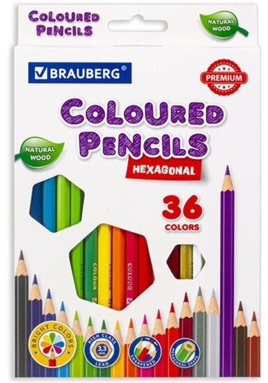Карандаши цветные Brauberg PREMIUM, 36 цветов, шестигранные, грифель мягкий 3,3 мм