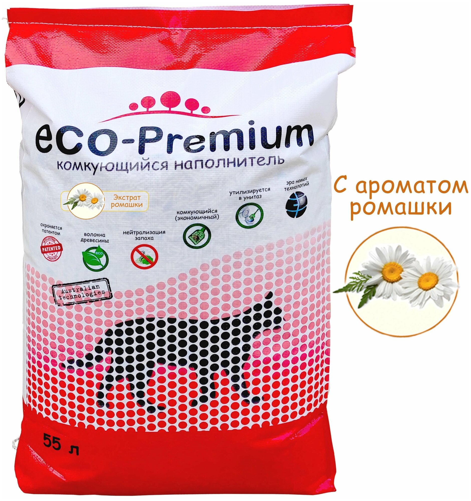 Наполнитель ECO-PREMIUM комкующийся древесный с ромашкой (55 л)