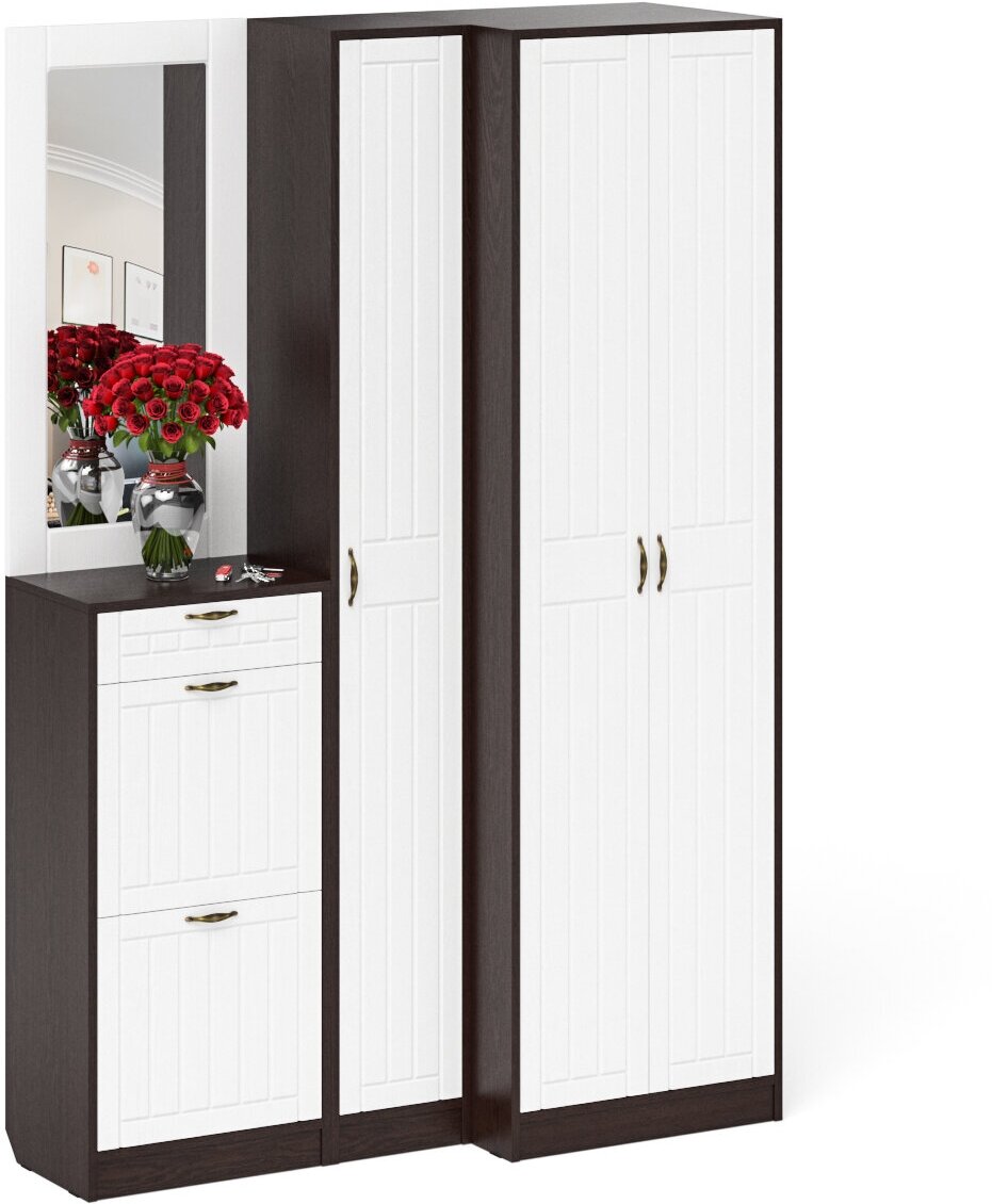Мебель для прихожей П-6 № 29, цвет венге/фасады МДФ белое дерево фрезеровка прованс, ШхГхВ 140х50х210 см.