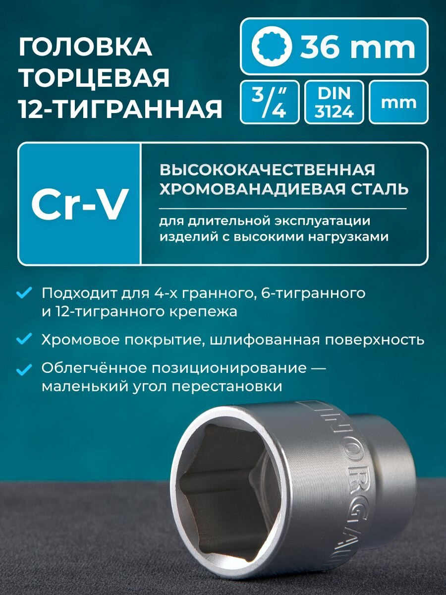 Головка на 36 NORGAU Industrial под квадрат 3/4 шестигранная удлиннённая с шариковой фиксацией, DIN 3124