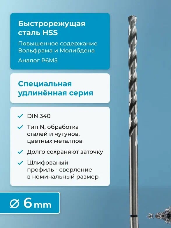 Сверло по металлу 6 мм NORGAU Industrial HSS удлинённое, шлифованное, с центрирующей подточкой перемычки, правое, DIN 340