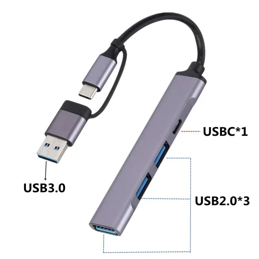 USB C концентратор с USB 3.0 и USB 2.0, серый (809-C)