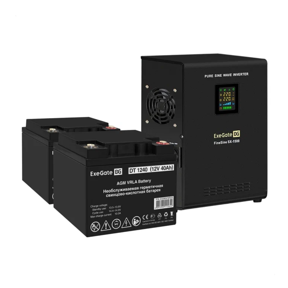 ИБП ExeGate FineSine SX-1500. LCD. AVR.2SH EX295998RUS+батарея 40Aч EX282976RUS 2шт, черный 1500ВА/1050Вт