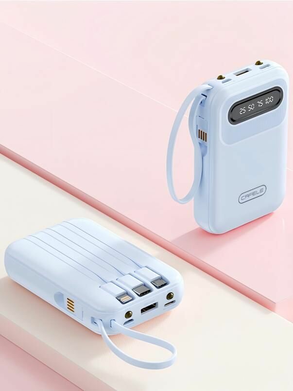 CAFELE Портативный аккумулятор 20000mAh быстрая зарядка, 4 встроенных кабеля, LED дисплей, 5 выходов 3 входа, одновременная зарядка 5 устройств, можно в самолёт