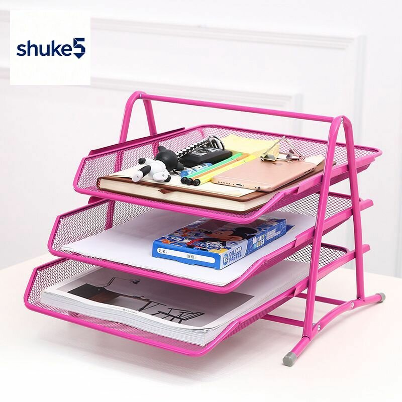 Горизонтальный металлический лоток для бумаги, полка для канцелярских принадлежностей, ящик для хранения документов, 3 секции красный