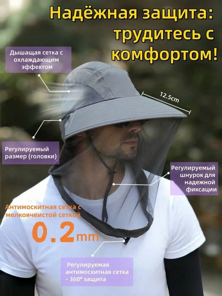 Панама с москитной сеткой от насекомых / Накомарник, Для рыбалки, походов и отдыха на природе.
