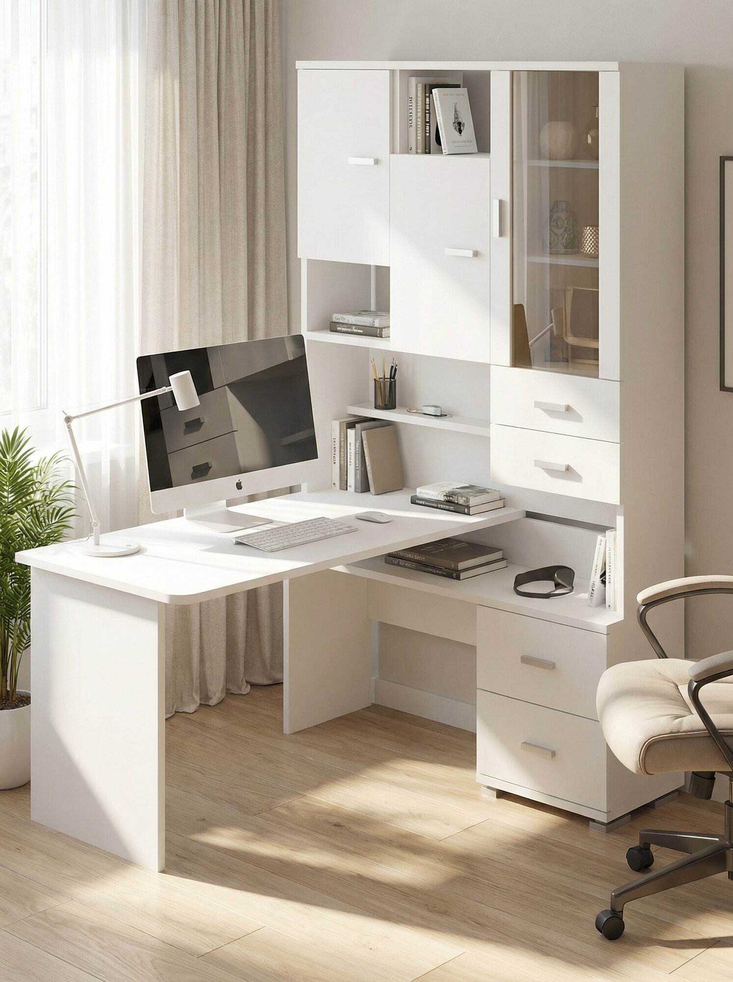 Стол компьютерный Мэрдэс СР-620/140 бе-прав Белый, с полками, с ящиками, угловой, 130х140х216 см