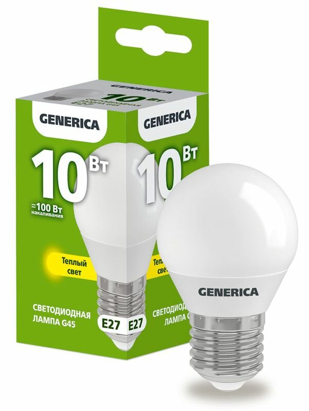 Лампа светодиодная G45 10Вт шар 3000К E27 230В GENERICA LL-G45-10-230-30-E27-G-10 шт