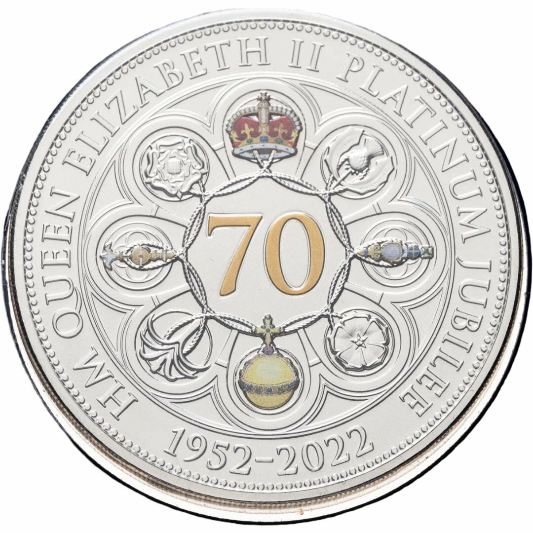 Гернси 5 фунтов 2022 "70 лет правлению Королевы Елизаветы II" в коинкарте, Мельхиор медь-никель, в сохранности BUNC