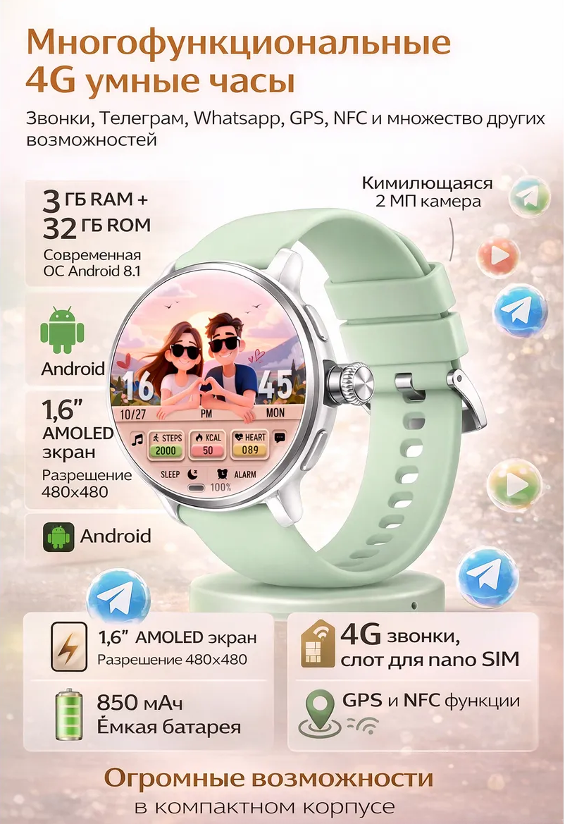 Часы JITE 2026 4G, AMOLED, 41mm, GPS, NFC, Wi-Fi, Bluetooth, SIM-карта