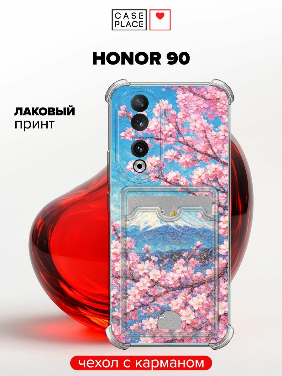 Чехол на Honor 90 (Хонор 90) с картой и принтом Фудзияма и цветение сакуры