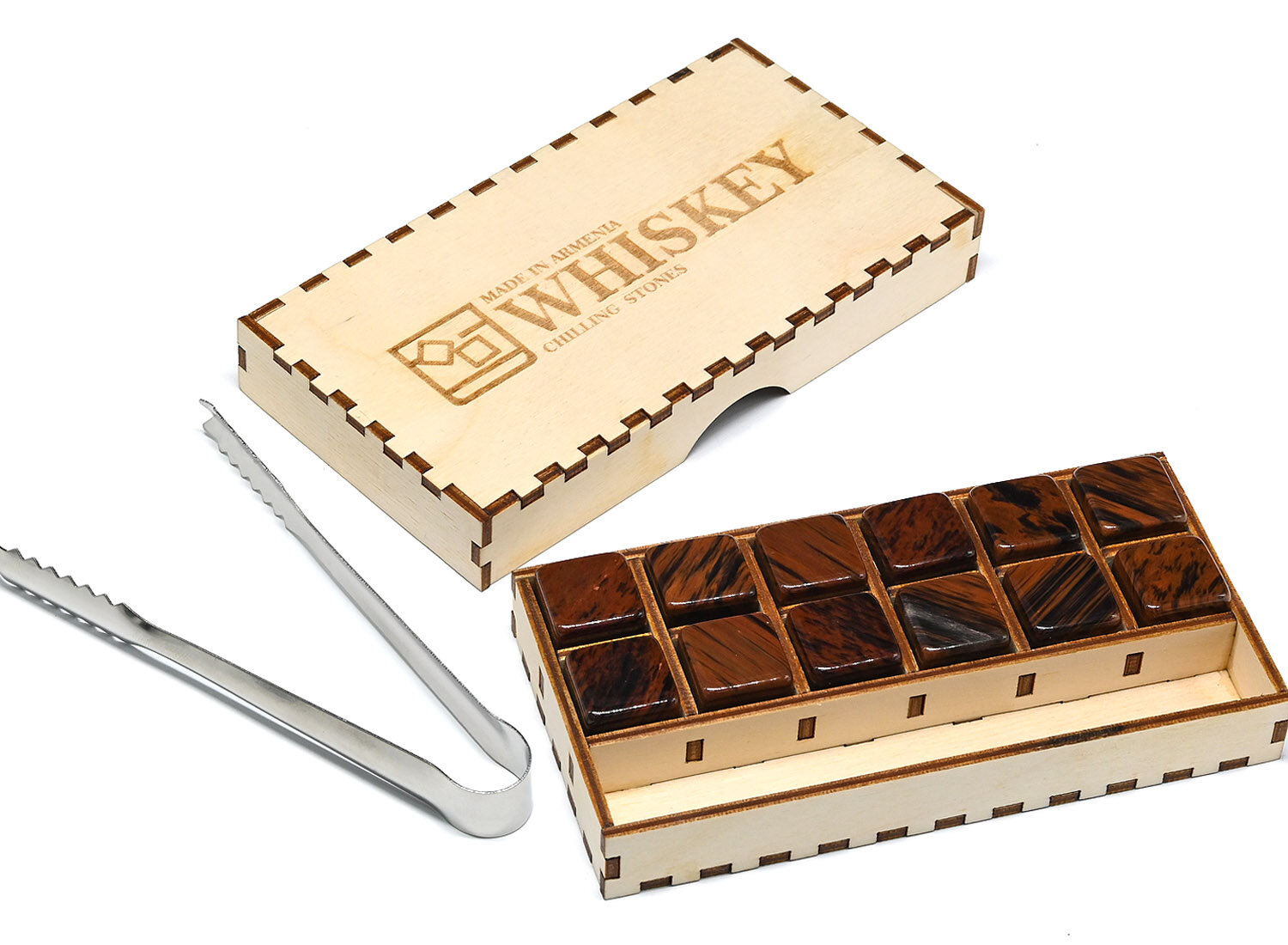 Камни для виски в подарочной упаковке 12 кубиков из обсидиана