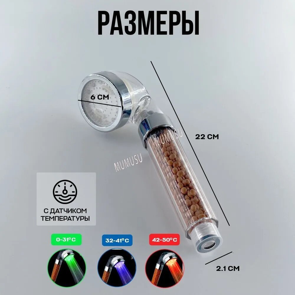 Лейка для душа с подсветкой и турмалиновым фильтром - меняет цвет в зависимости от температуры воды — фото 1