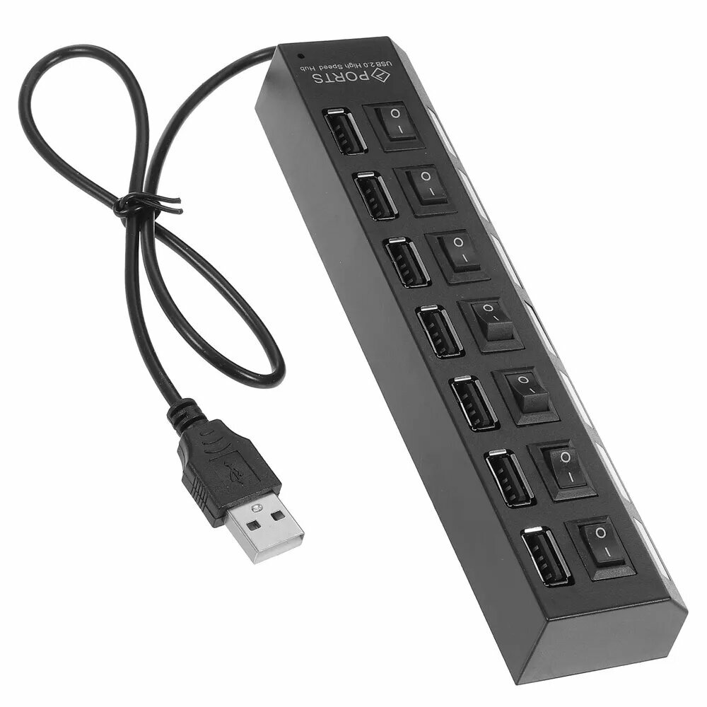 Умножитель Usb Семь Портов С Независимым Переключателем И Индикаторами Света Цвет Black