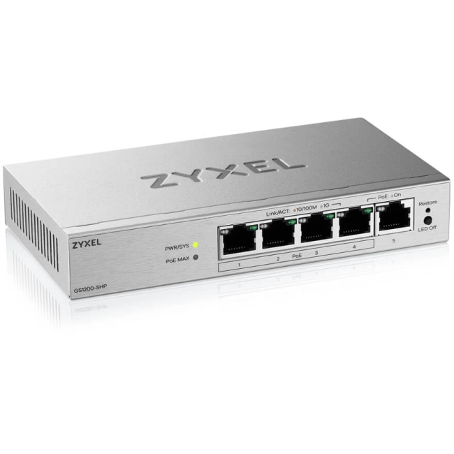 GS1200-5HPV3-EU0101F Коммутатор Web Smart L2 коммутатор Zyxel GS1200-5HPv3, 5xGE (4xPoE+), бюджет PoE 68 Вт, настольный