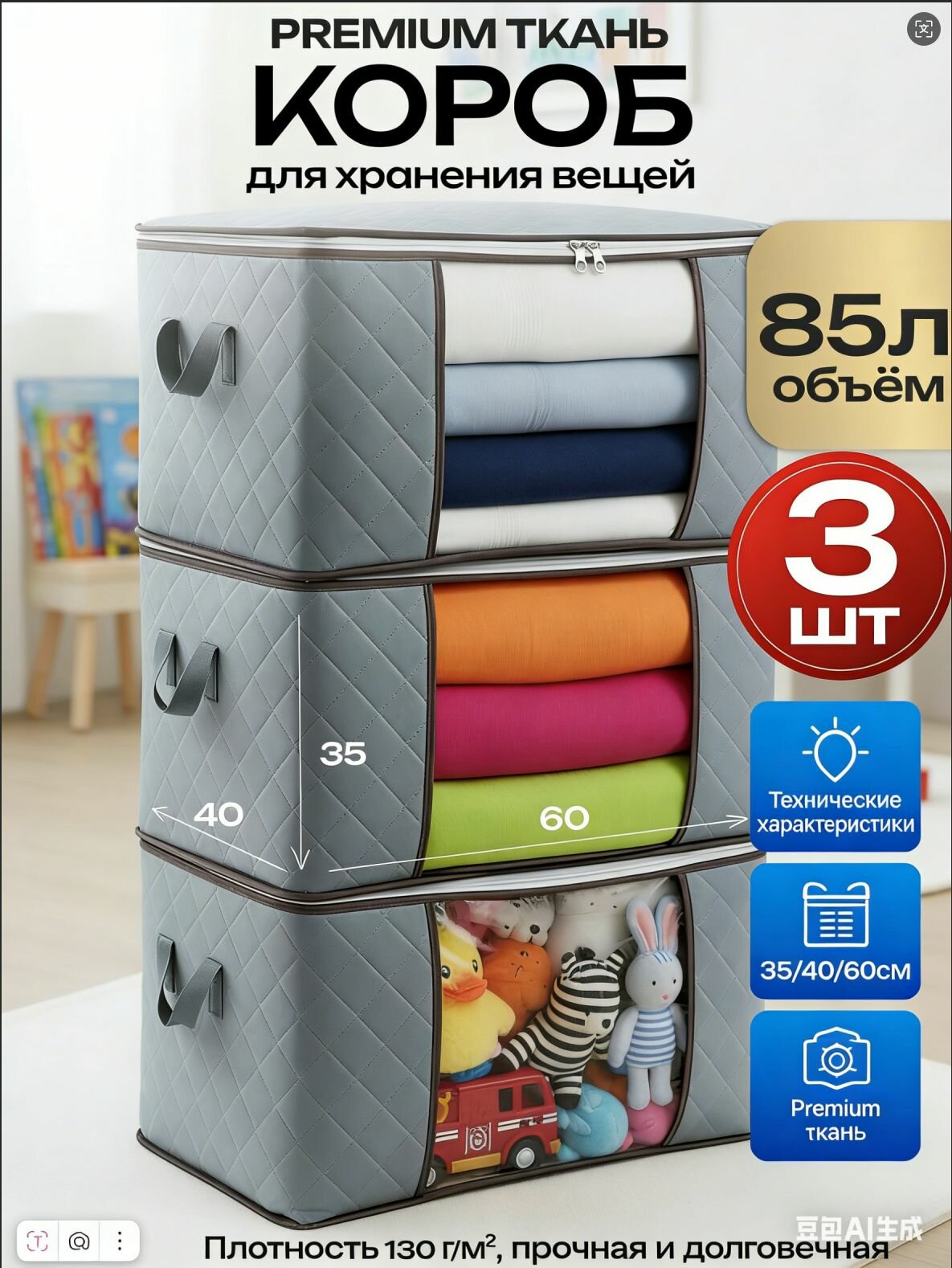 Тканевые коробки для хранения (набор 3 шт, 85 л)
