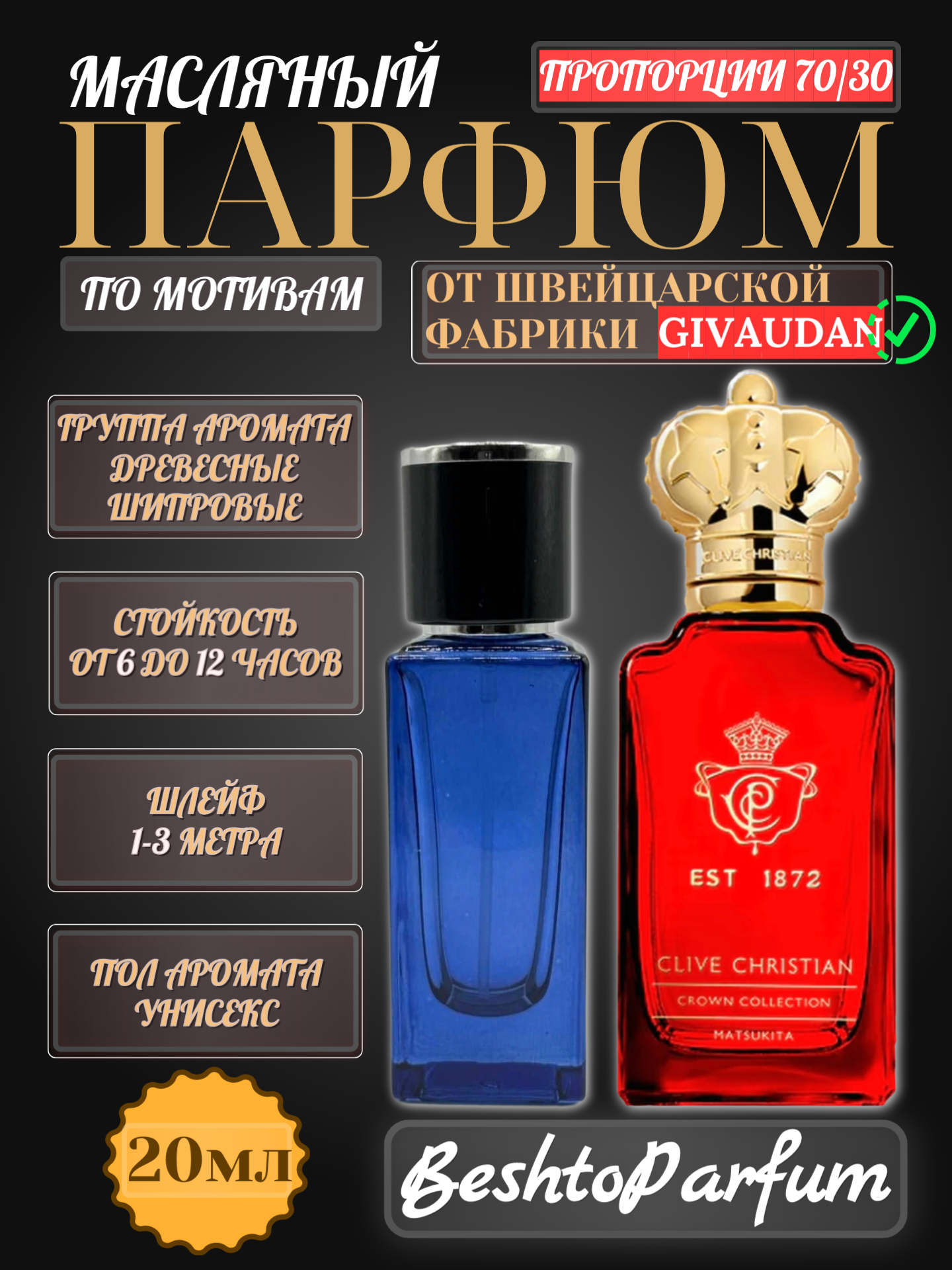 Масляные духи по мотивам Clive Christian Matsukita — стойкий нишевый восточно-древесный аромат / 20мл