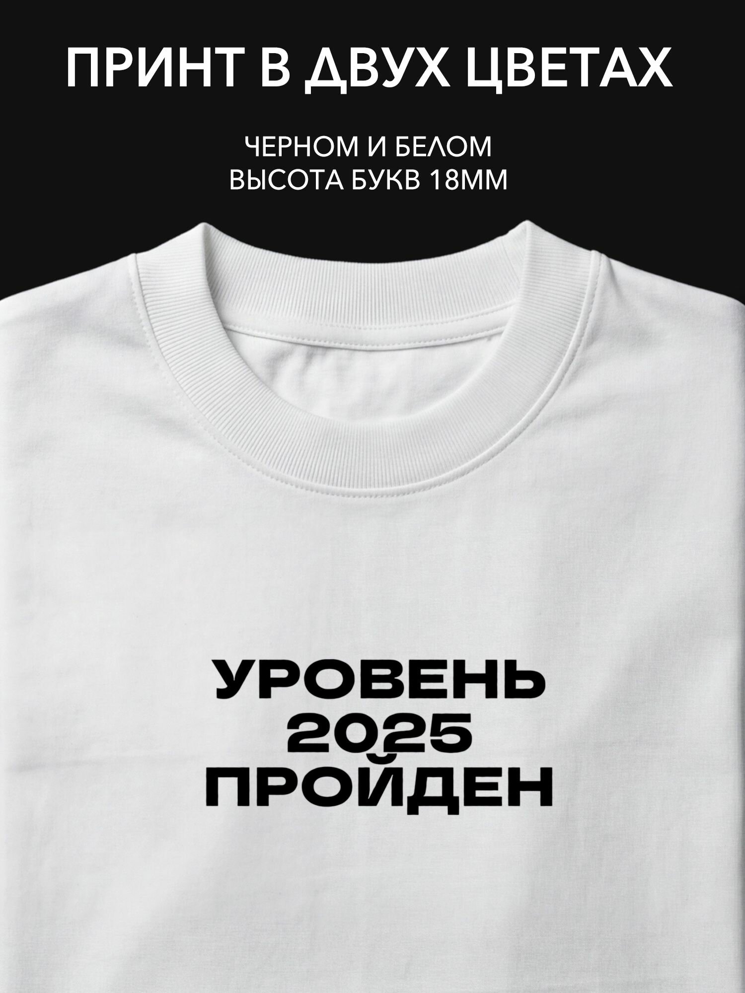 Термопринт надпись "Уровень 2025 пройден" на футболку для офиса и работы, стильный текстовый принт для креативного образа