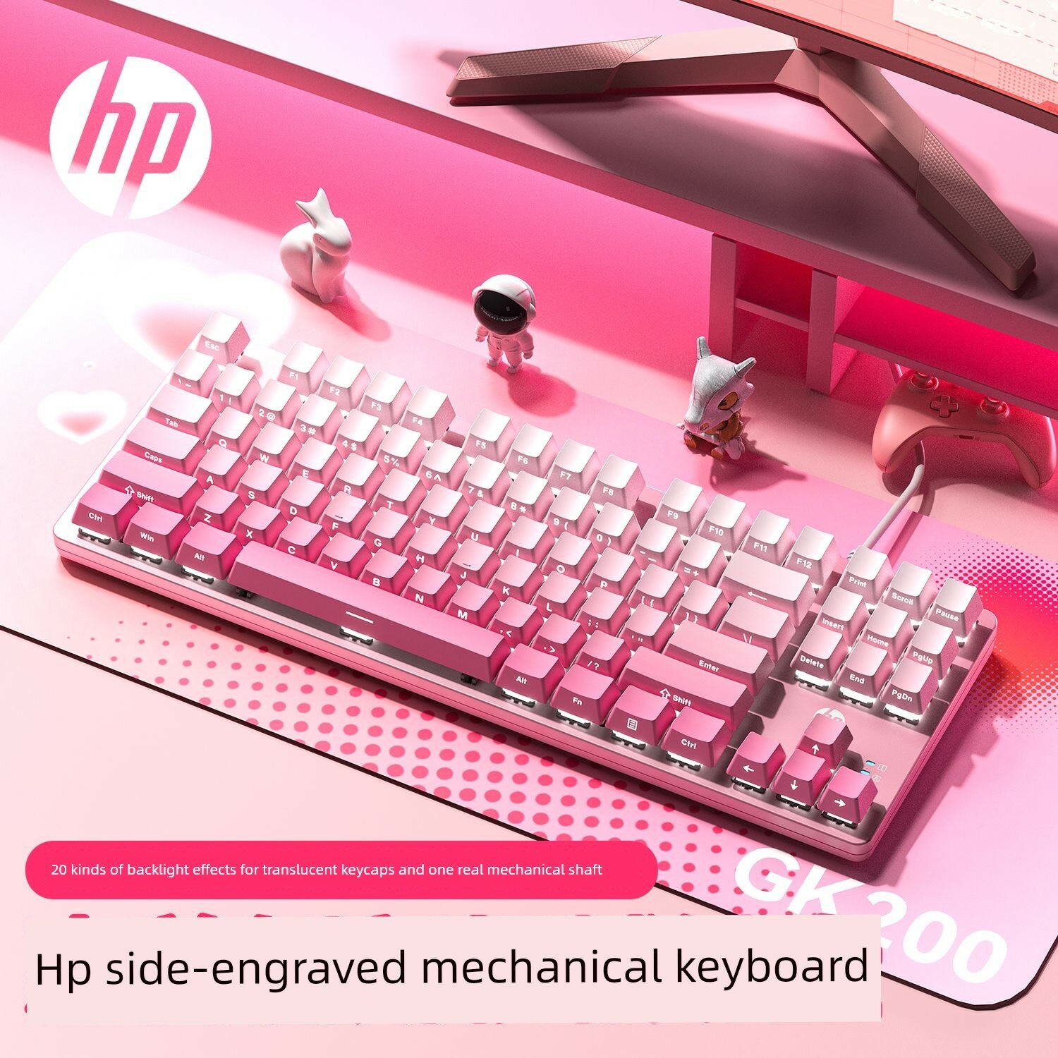 HP GK200 Механическая клавиатура с синими переключателями, персиковыми гравированными клавишами, белой подсветкой,