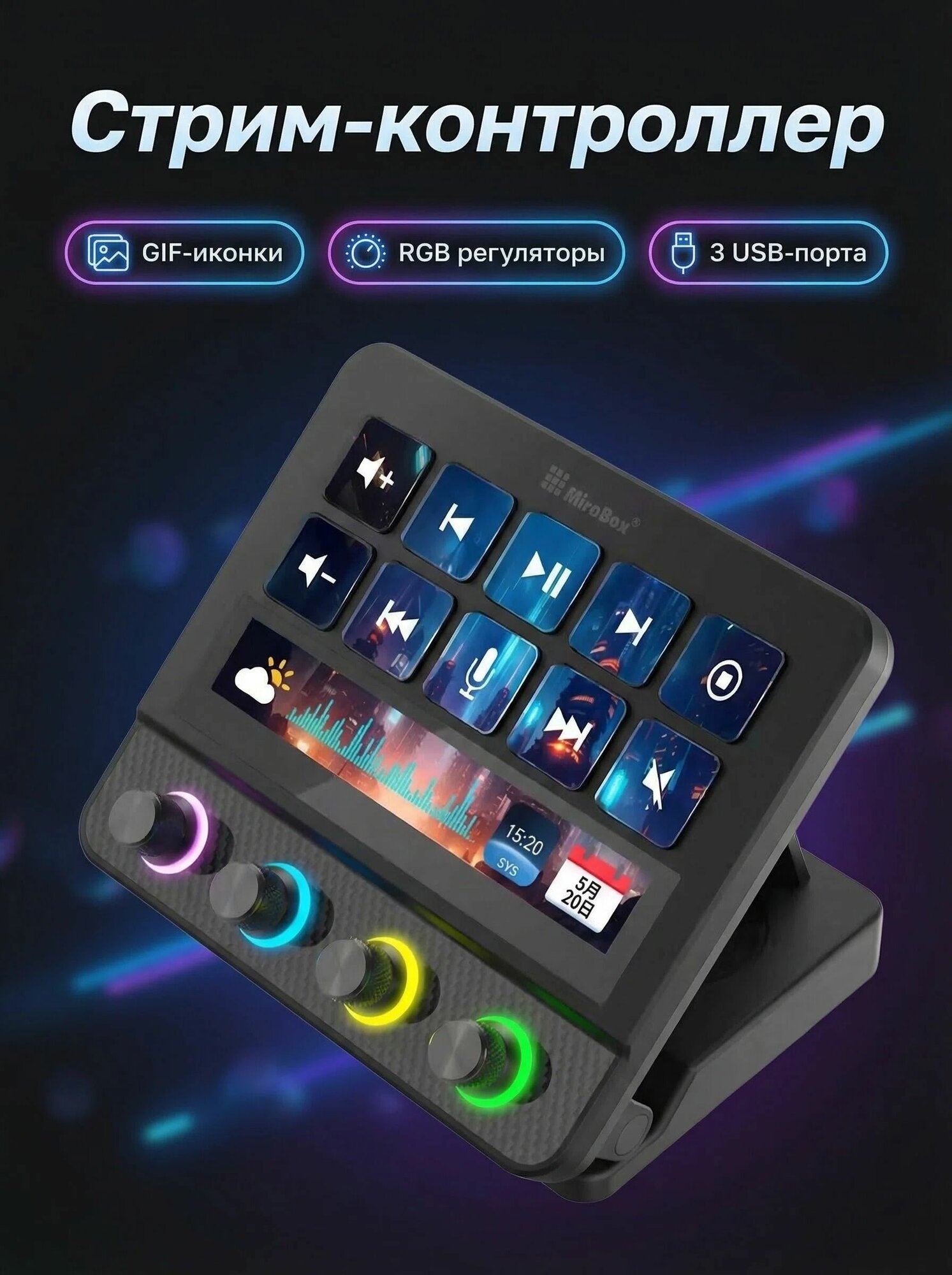 MiroBox MBOX N4 программируемая клавиатура с дисплеем, 4 кнопки, макросы, USB-хаб, для стримеров и видеомонтажеров