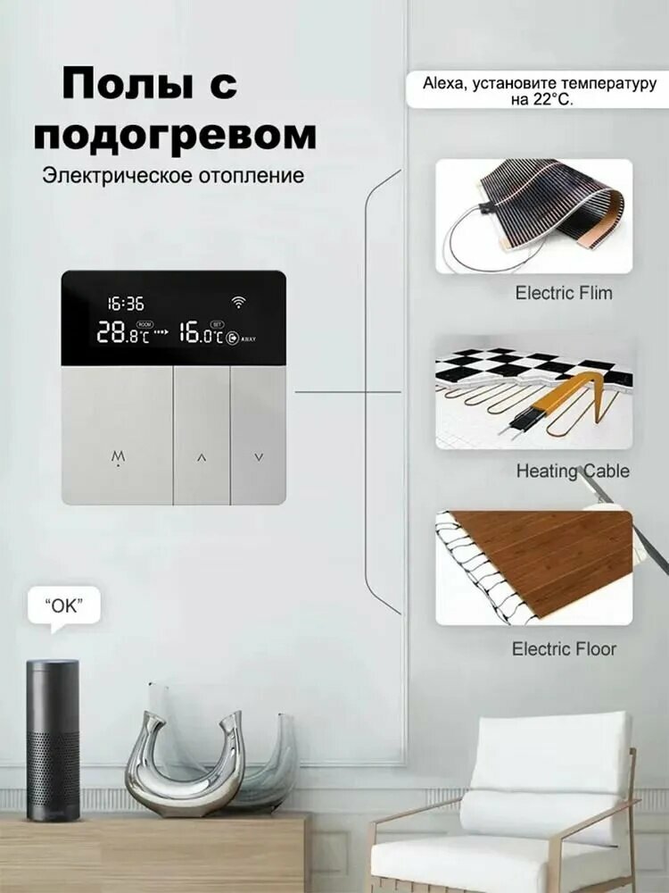Терморегулятор/термостат Для щитовых электронагревателей, Для теплого пола, черный матовый, светло-серый
