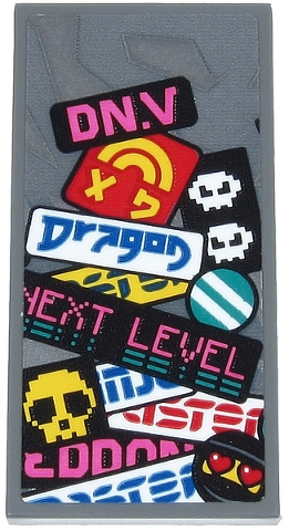 Tile 2 x 4 with Dark Pink 'DN.V' and 'NEXT LEVEL', Blue 'Dragon', Yellow Skull, Faces, Stripes and Partial Text Pattern (Sticker) - Set 71710, 87079pb0691 Dark Bluish Gray U