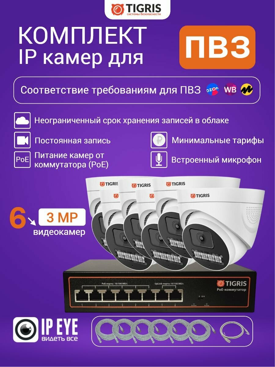 Комплект видеонаблюдения для ПВЗ на 6 купольных камер 3 Мп с сервисом IPEYE