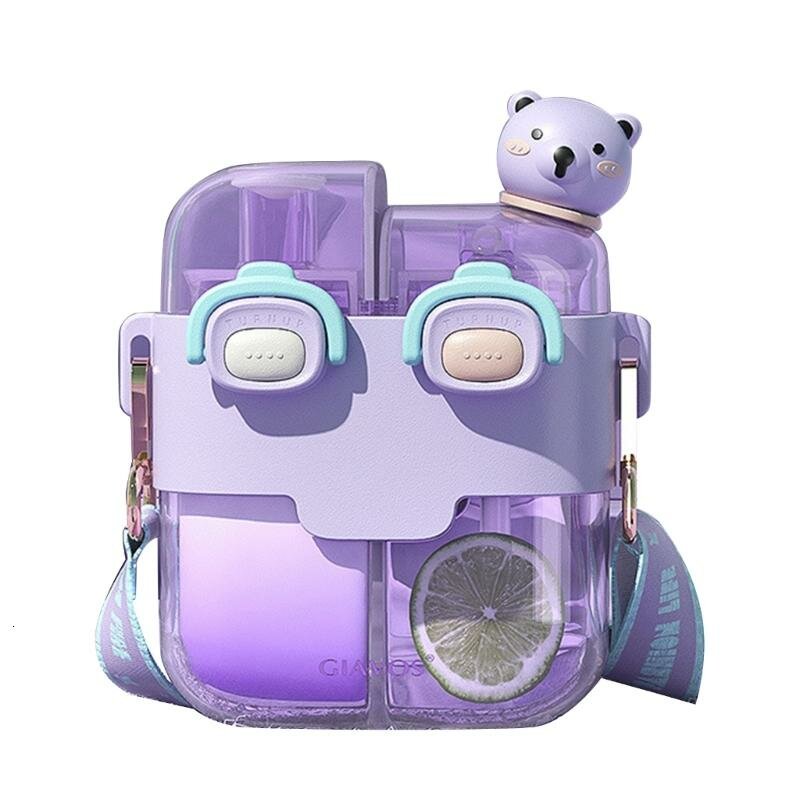 Двойная бутылка для питья с соломинкой, Фиолетовый - 530ML