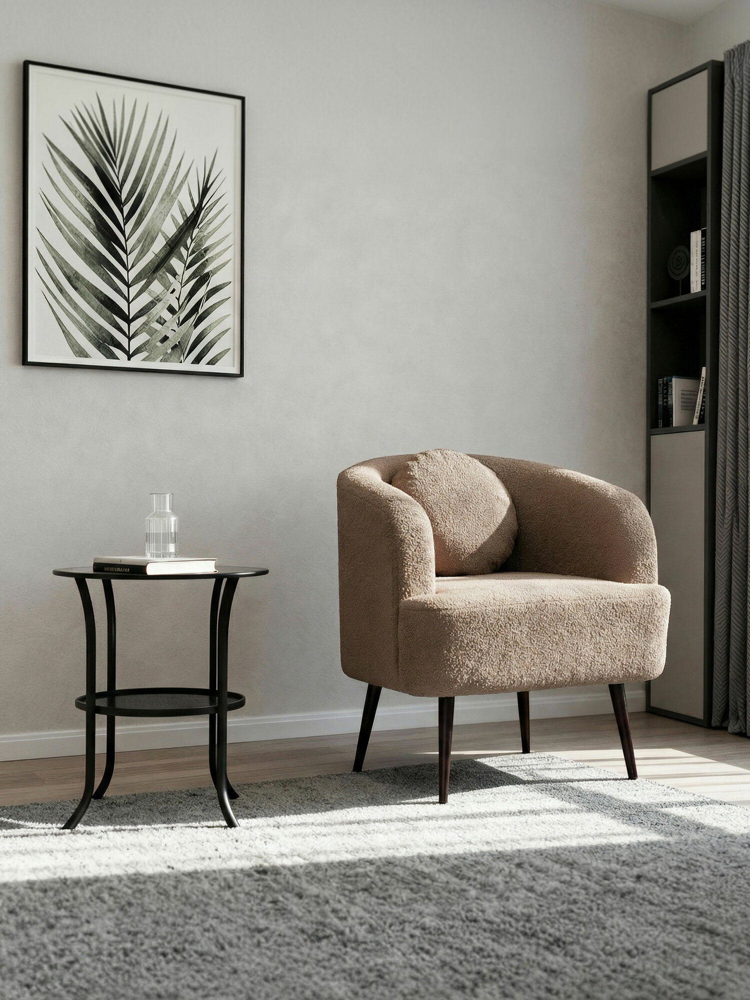 Кресло мягкое Барфи для отдыха дома с подлокотниками, высокие ножки, 72х80х78 см, Какао, мех