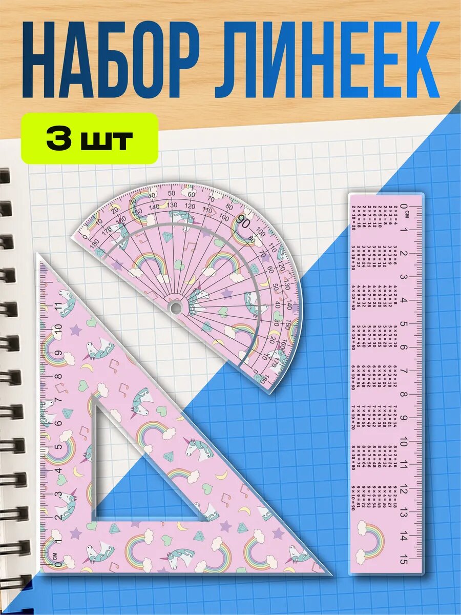 Набор линеек для школьника с транспортиром Милые единороги