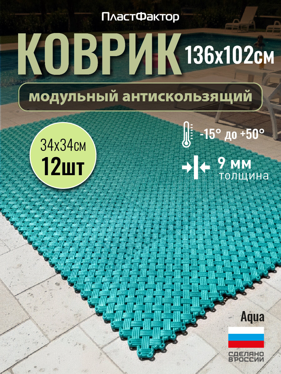 Антискользящий коврик Aqua, 12 модулей, бирюзовый - для влажных зон: ванная, баня, бассейн, сауна