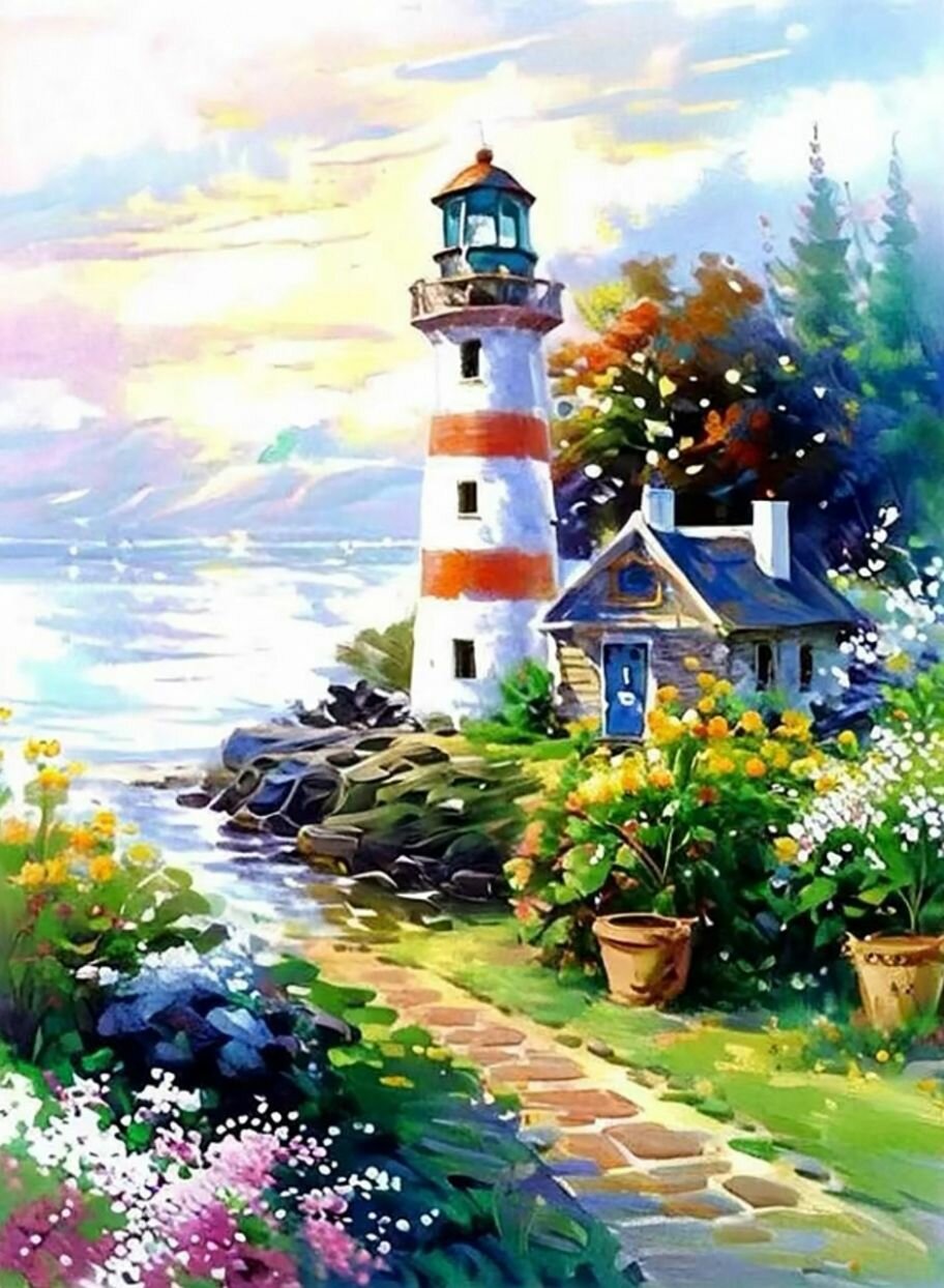 Алмазная мозаика на подрамнике 40*50 "Пейзаж с маяком"