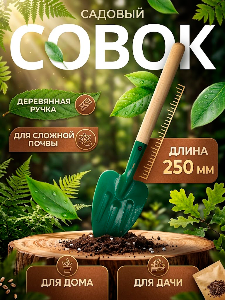 Совок посадочный ручной садовый металлический СП-1 (с деревянным черенком, п/п) / инвентарь для сада и огорода