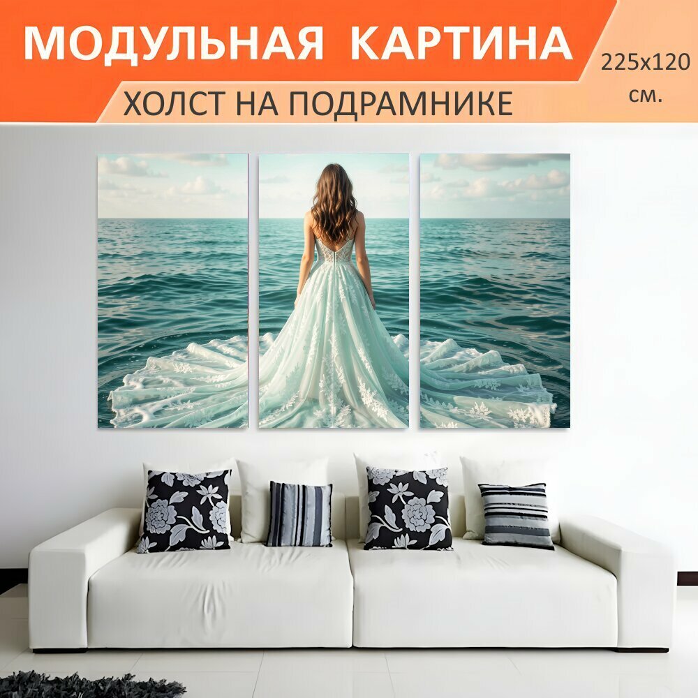 Модульная картина на холсте "Девушка в платье у моря. Фантазийная сцена на фоне бескрайней водной глади и голубого неба с облаками." триптих на подрамнике 225х120 см. для интерьера