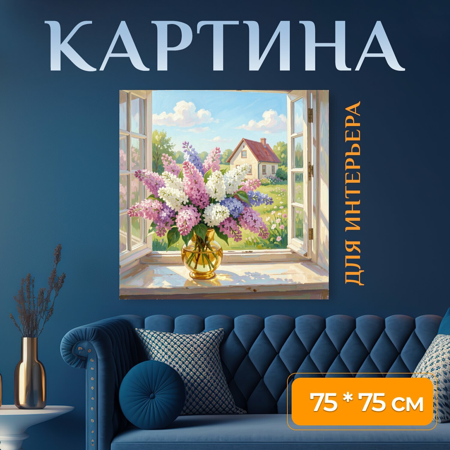 Картина на холсте "Букет сирени у окна. Летний натюрморт в живописной манере: пышные соцветия в стеклянной вазе на подоконнике, открытый вид на." на подрамнике 75х75 см. для интерьера