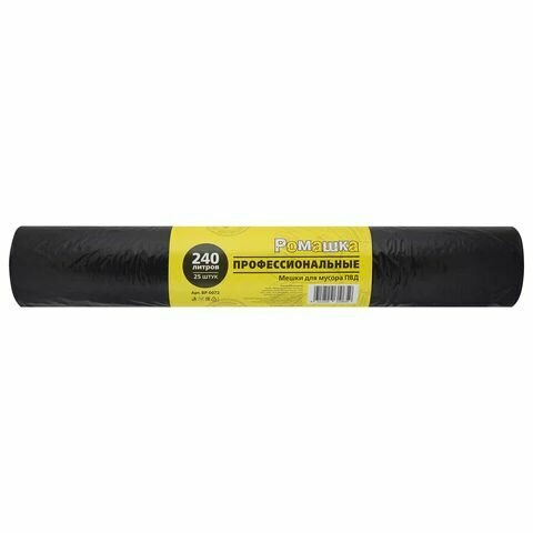 Мешки для мусора 240 л, черные, в рулоне 25 шт, ПВД 30 мкм, 90x130 см, ромашка "профи", ВР-0072