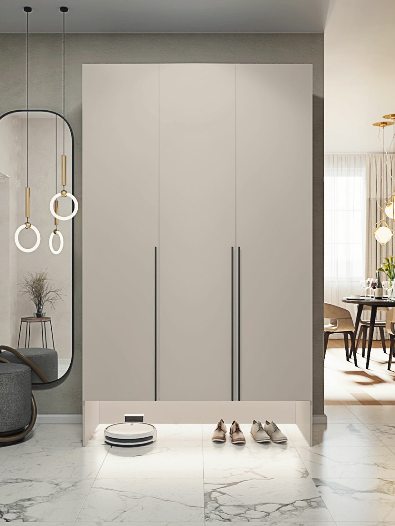 Casa Mia 120x50x240 см. Шкаф в прихожую распашной 3-дверный парящий Кашемир, Ручка скоба 960 мм