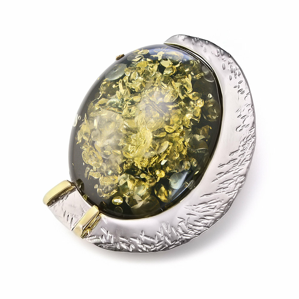 Брошь, серебро, 925 проба, родирование, янтарь