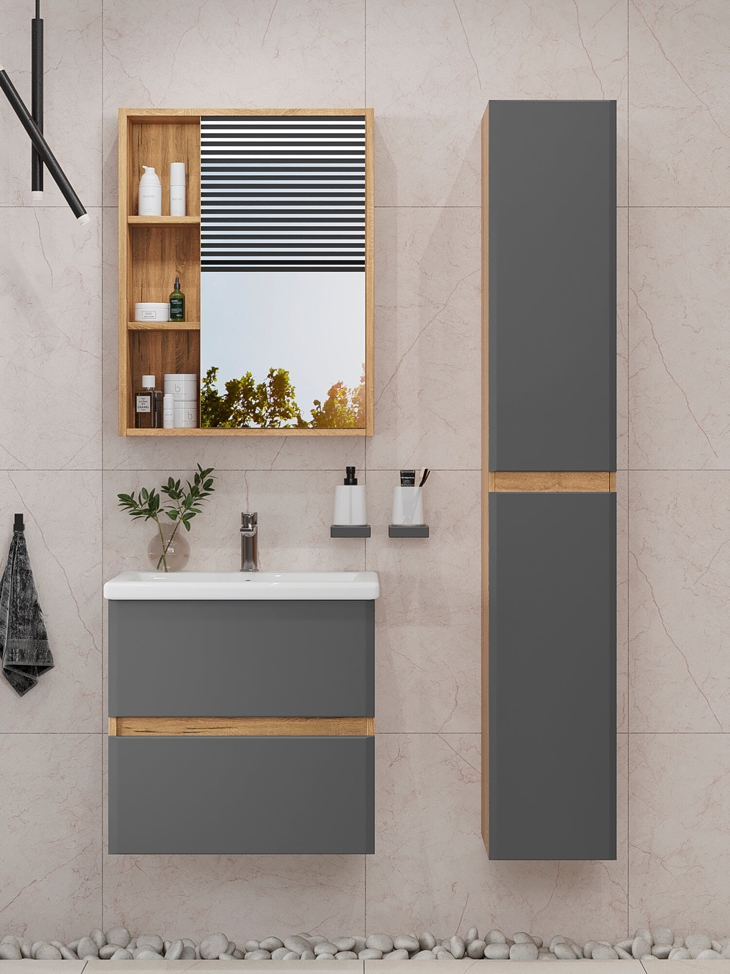 Шкаф-пенал подвесной Vannika Kanna для ванной комнаты, дуб вотан, графит софт