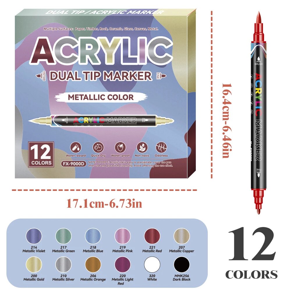 Акриловые маркеры Metallic 12 цветов, Dual Tip