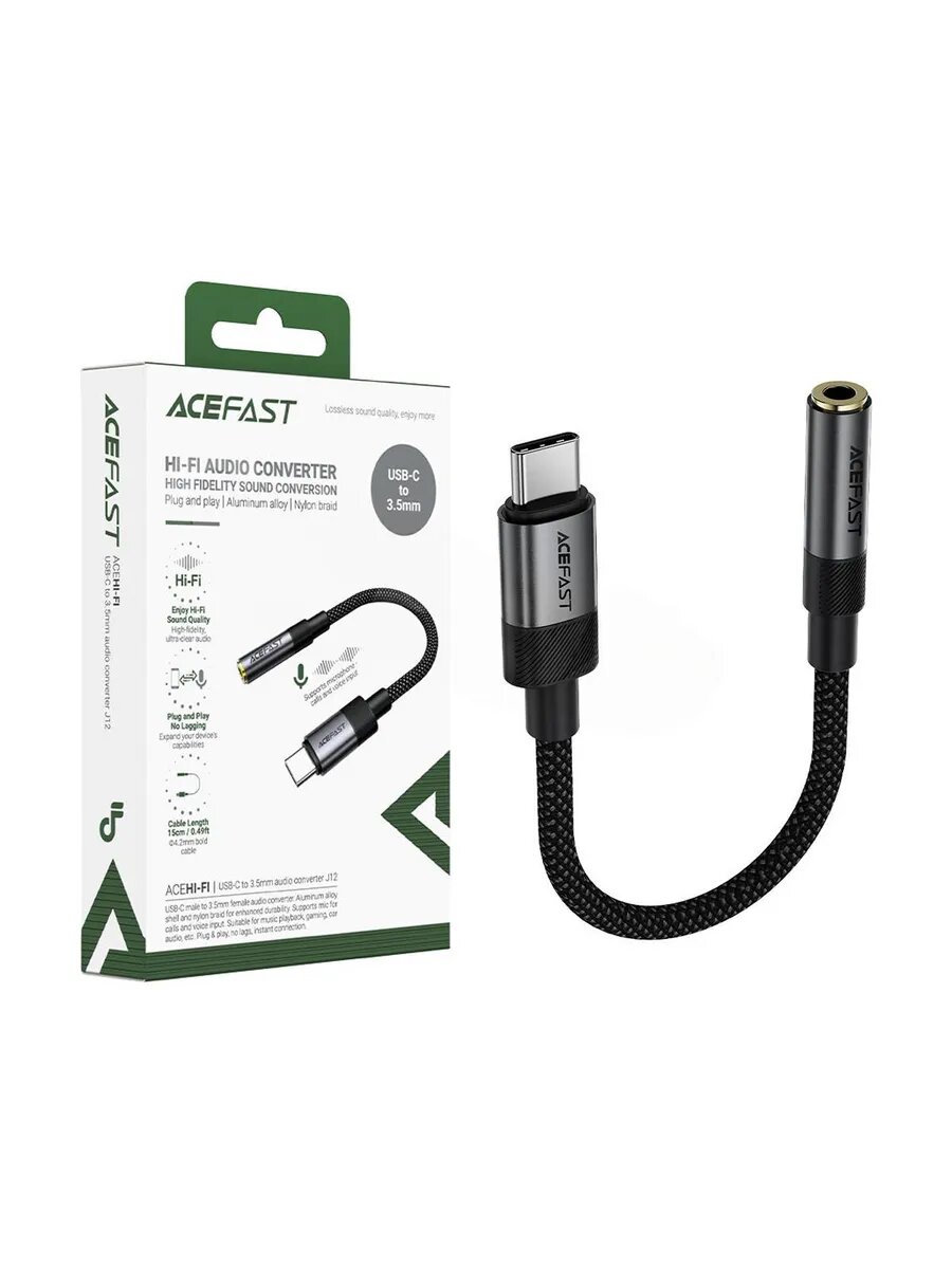 Адаптер Type-C на 3,5 мм Jack Acefast J12, черный, нейлон, звук HI-FI