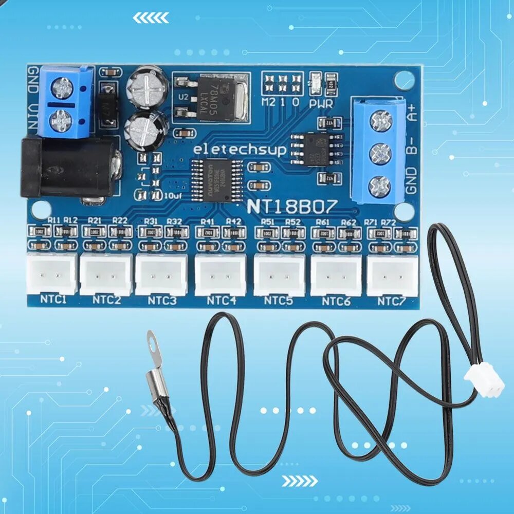 Многоканальный модуль RS485 для измерения температуры NTC, 7 датчиков, Modbus RTU